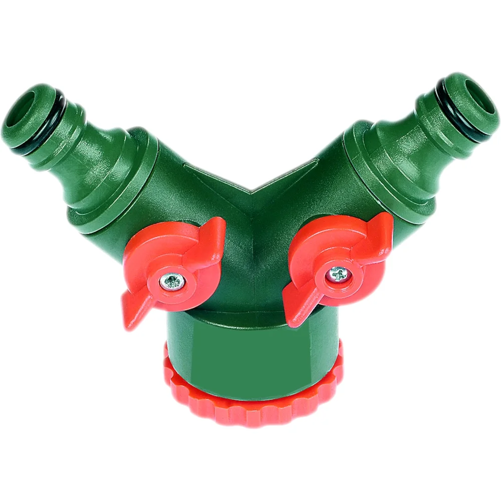 Plastic 2-way distributor with shut-off valves and tap connector 1" t ...